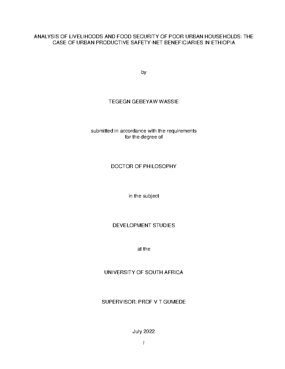 Thesis tegegn gebeyaw wassie - i ANALYSIS OF LIVELIHOODS AND FOOD SECURITY OF POOR URBAN ...