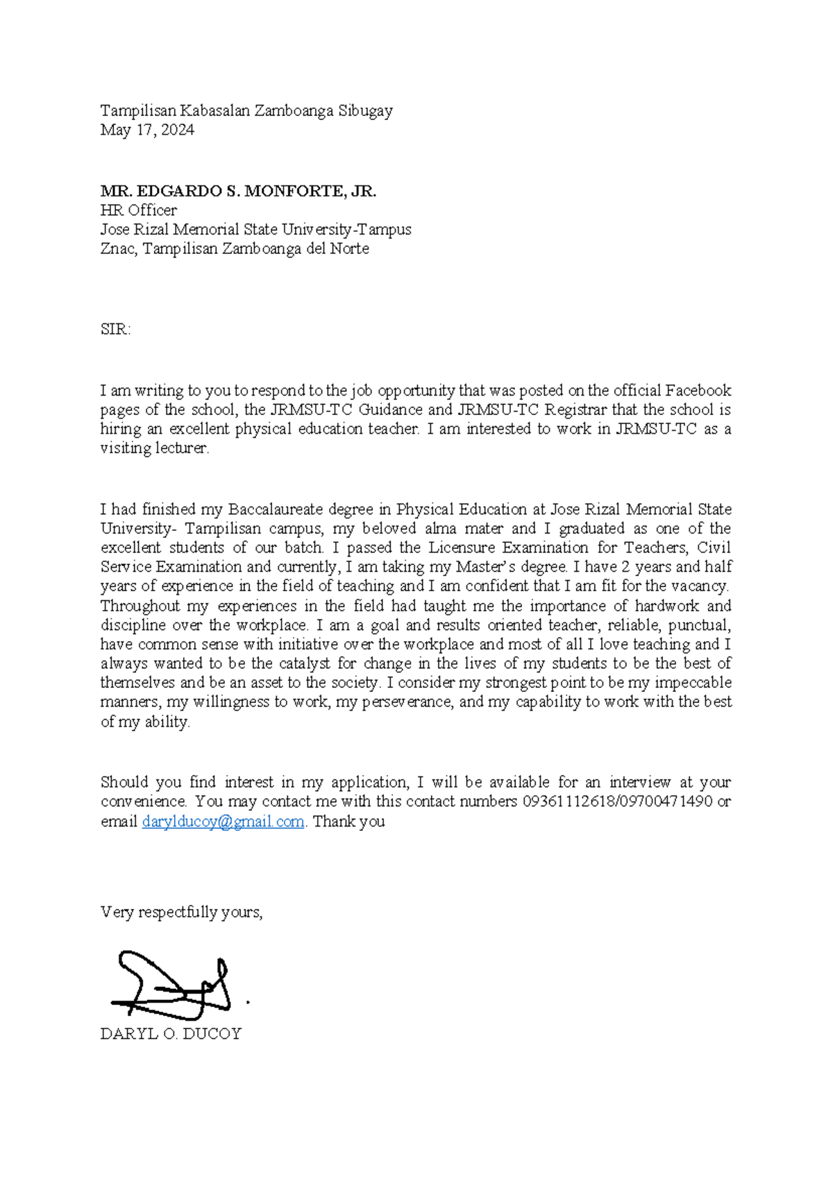 Sample ( Application Letter FOR Physical Education Teacher ...