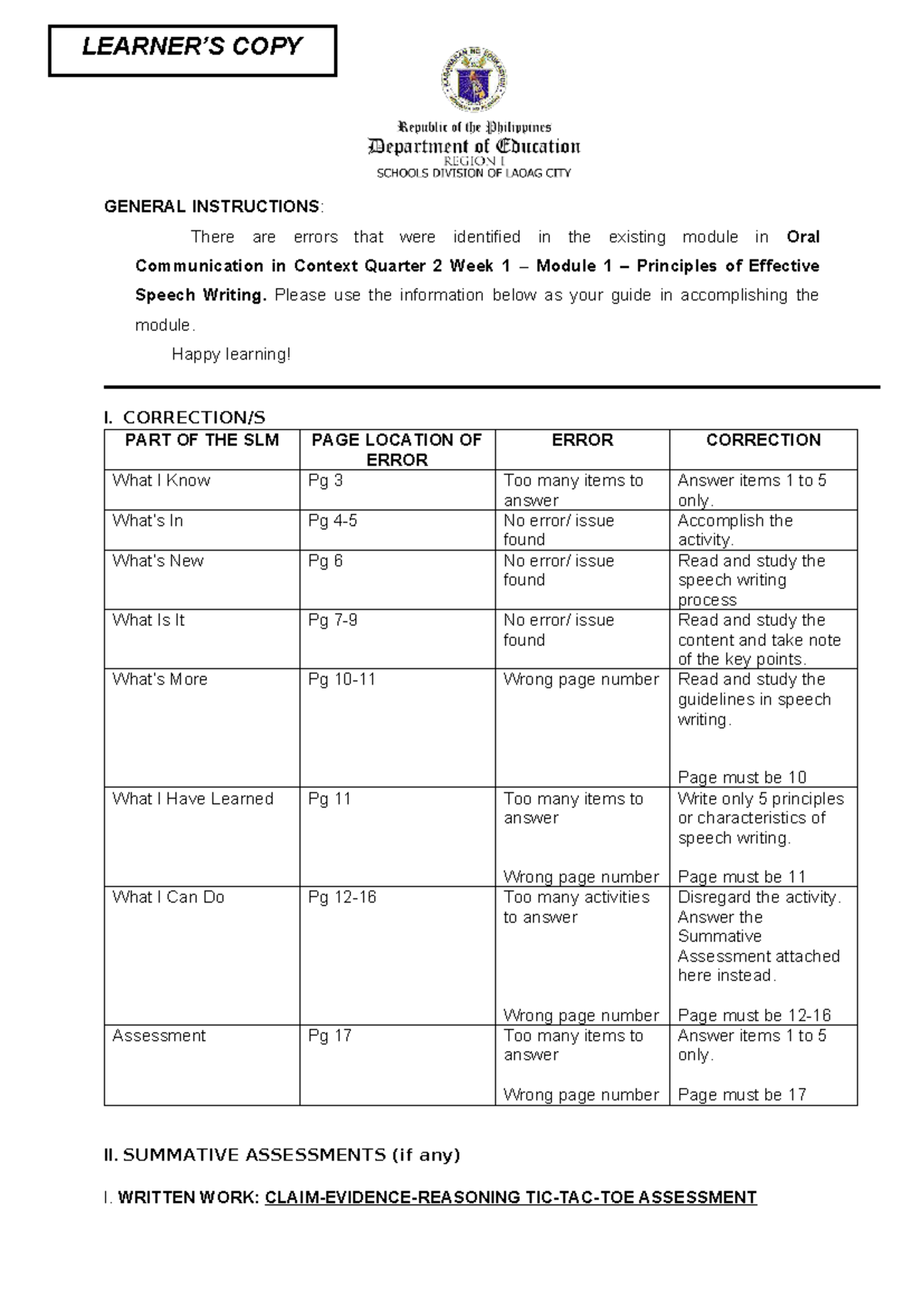 Oral Comm Learners Copy Q2 Week 1 - GENERAL INSTRUCTIONS: There are ...