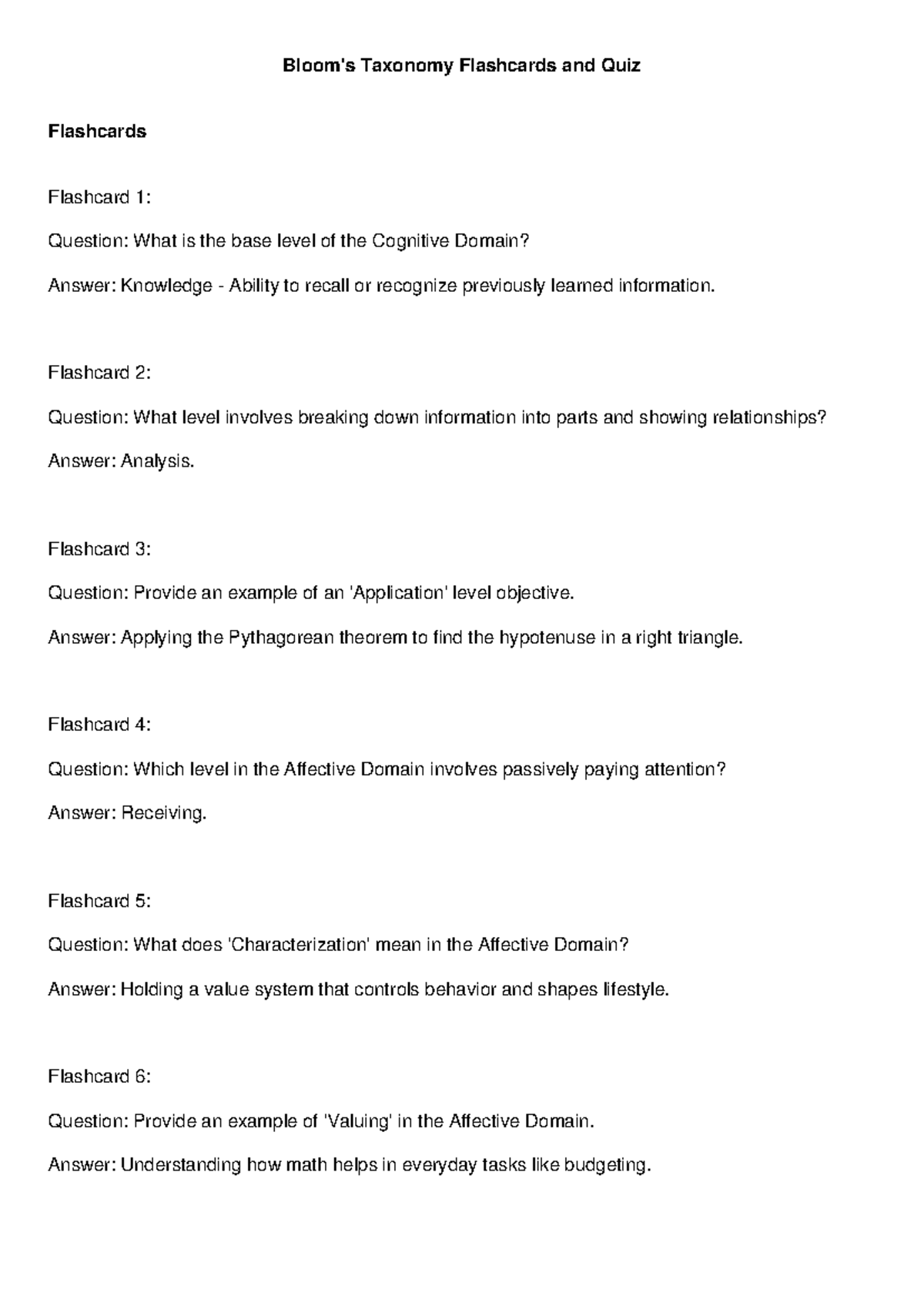 Blooms Taxonomy Flashcards and Quiz - Bloom's Taxonomy Flashcards and ...