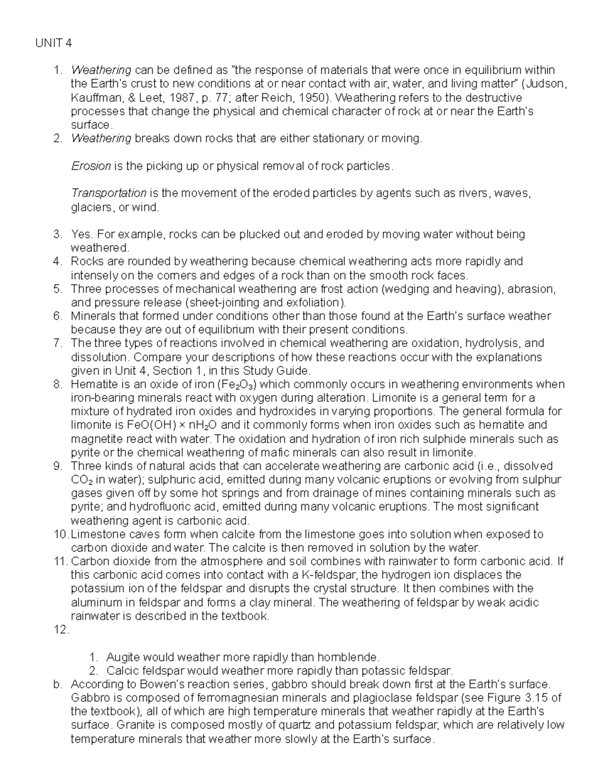 GEOL 200 unit 4 exercises and answer key - UNIT 4 Weathering can be ...