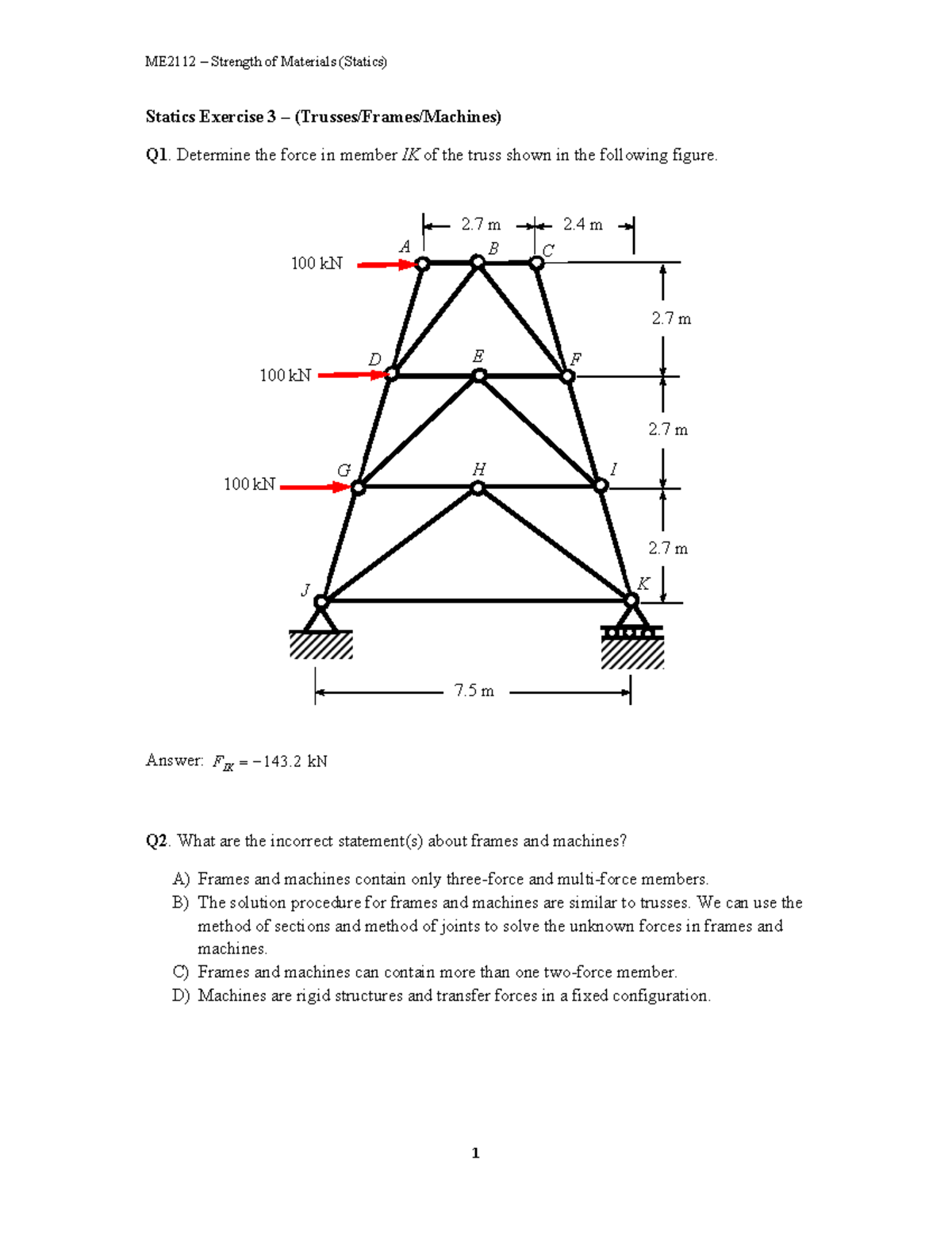Statics Exercise 3 - practice - ME2112 – Strength of Materials (Statics ...