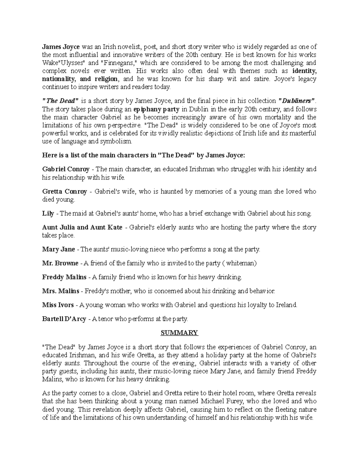 THE DEAD BY JAME Joyce - James Joyce was an Irish novelist, poet, and ...