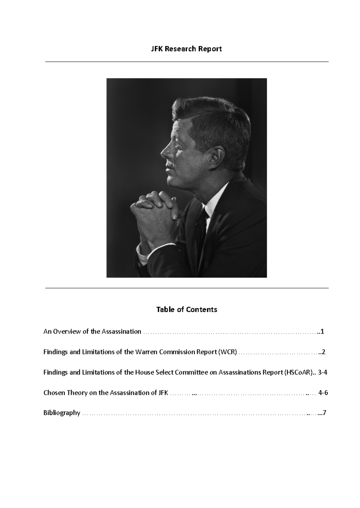 Assessment Task 1 - JFK Research Report - JFK Research Report Table of ...
