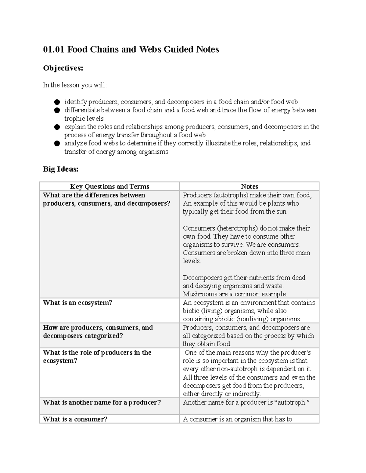 01 01 notes - 01 Food Chains and Webs Guided Notes Objectives: In the ...