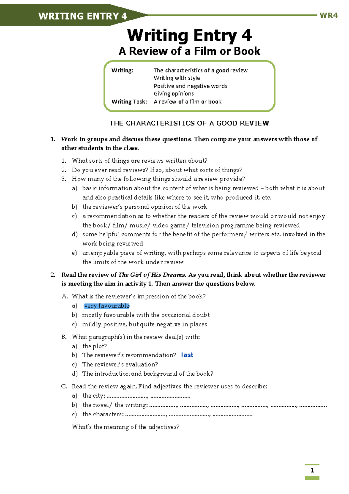 4A. Writing Entry 4. Review. In-class Handout - - Studocu