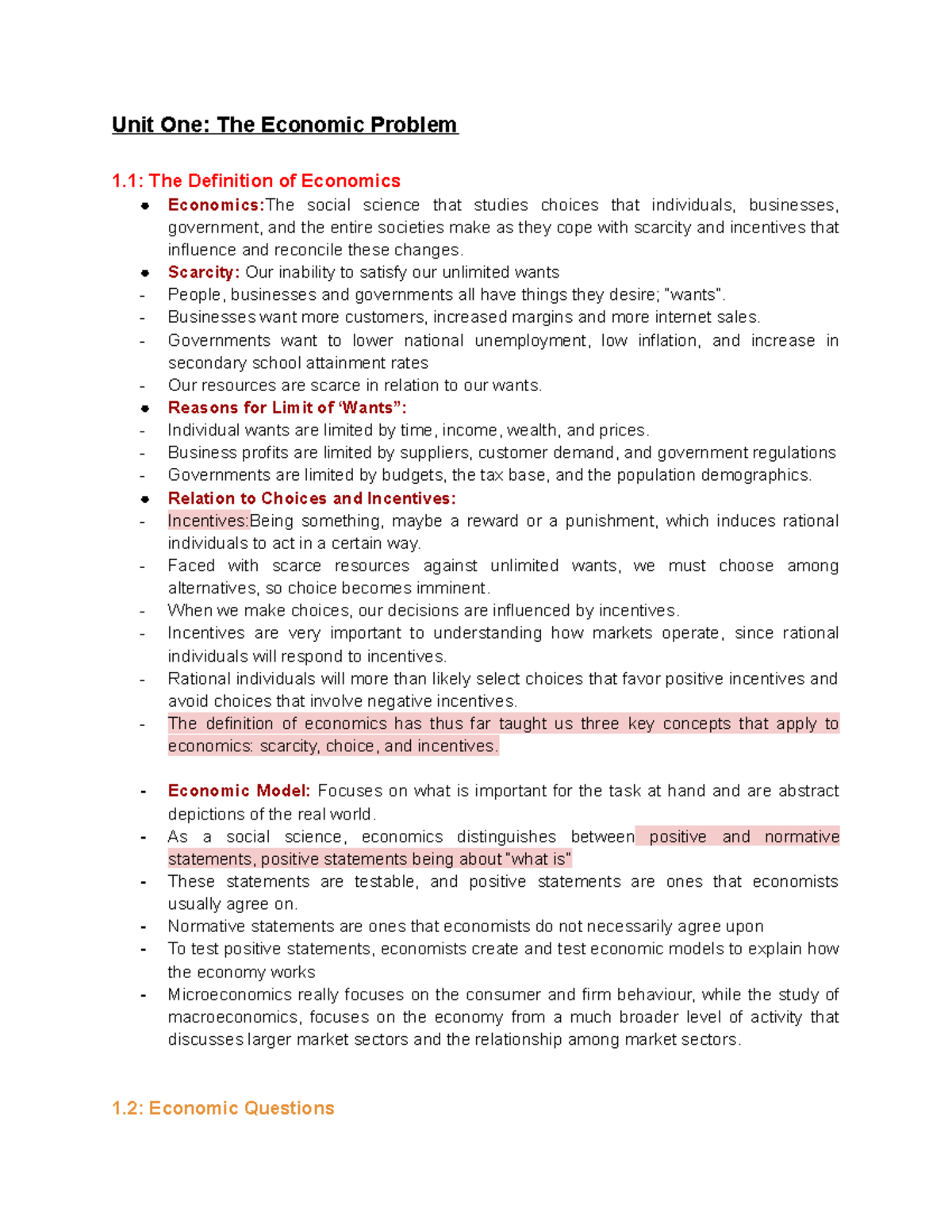 ECON 101 review - Full course lecture notes - Unit One: The Economic ...