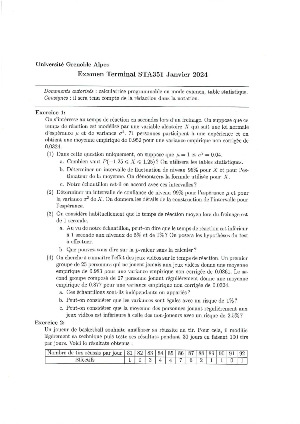 ET1 Stats 351 de 2023 2024 - Université Grenoble Alpes Examen Terminal ...