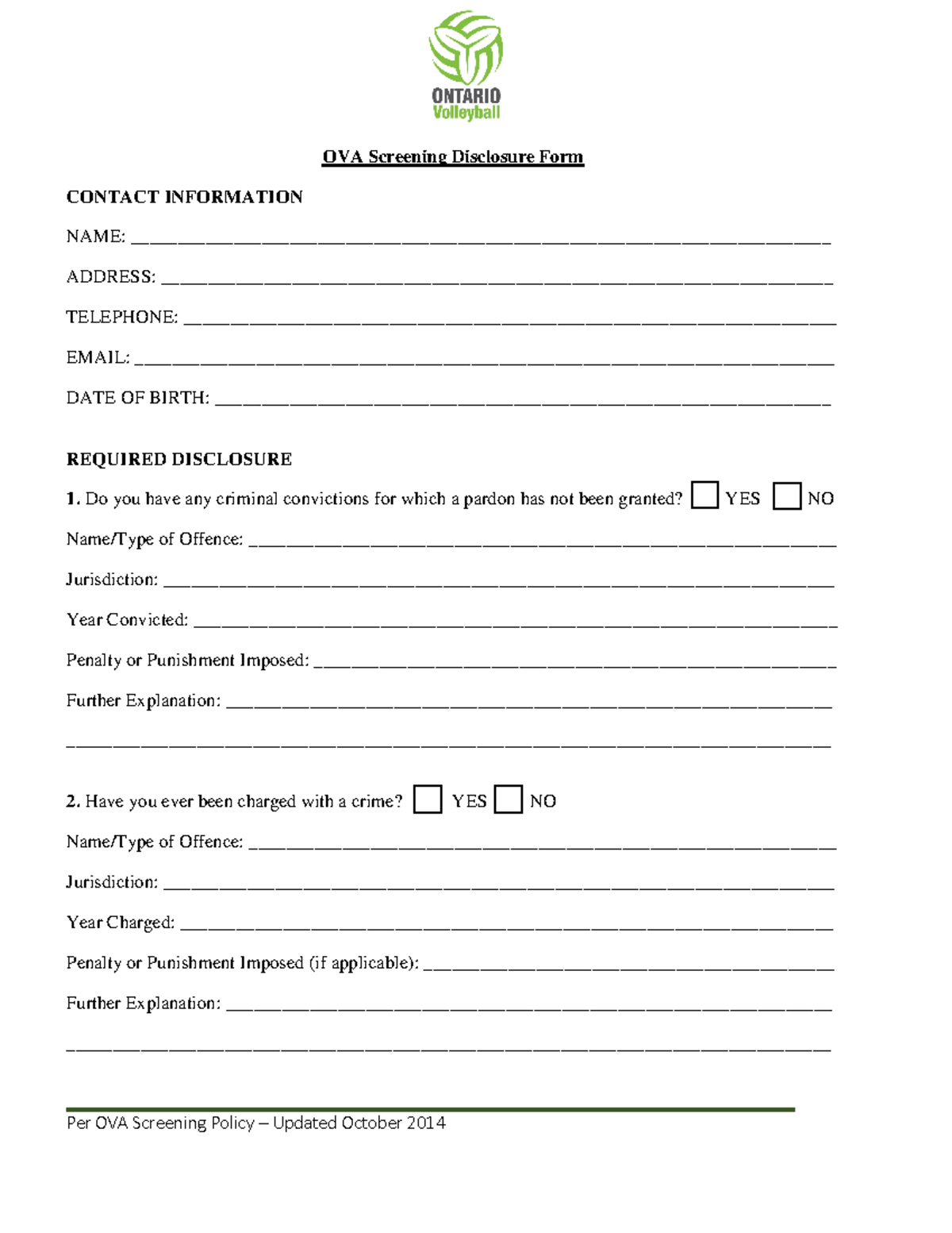 Screening Disclosure Form OVA - OVA Screening Disclosure Form CONTACT ...