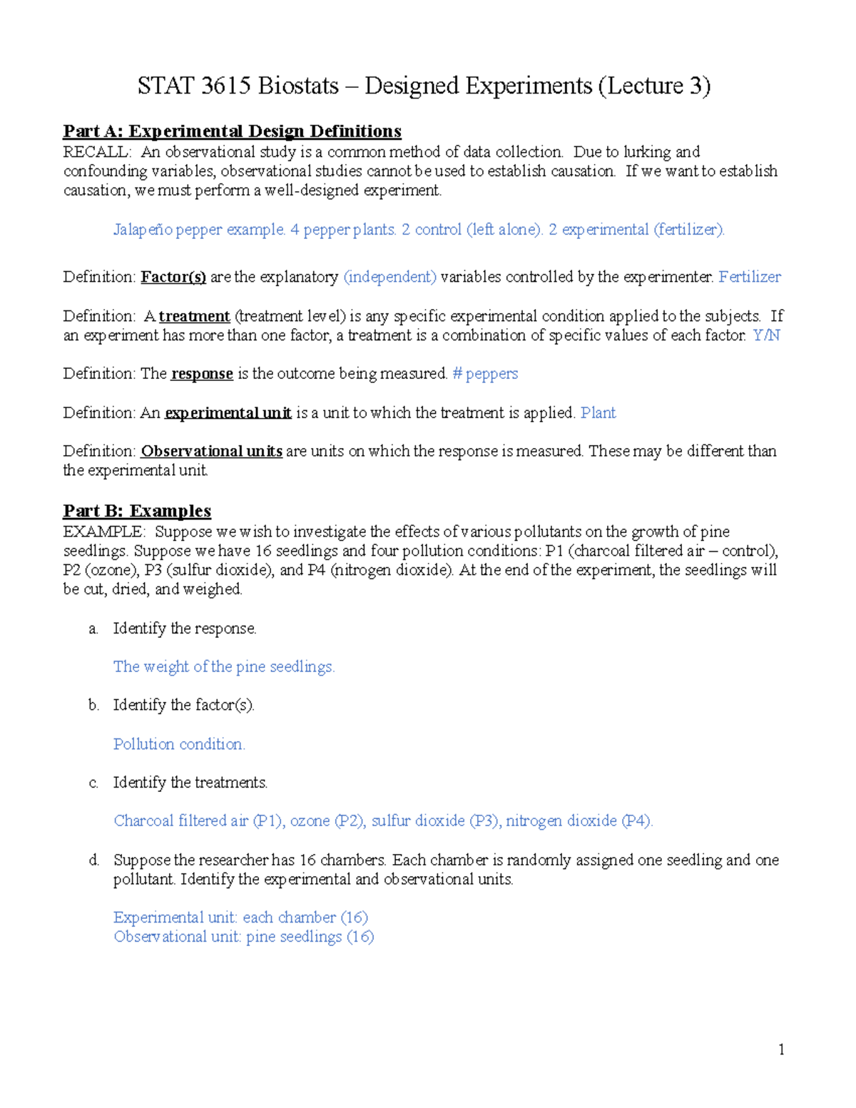 Lecture 3- Designed Experiments - STAT 3615 Biostats – Designed Experiments (Lecture 3) Part A ...