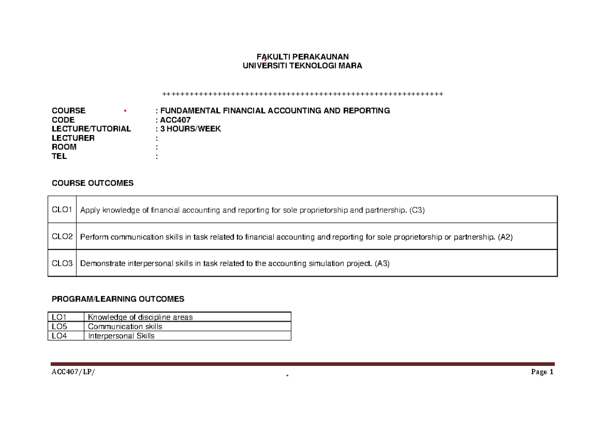 OBE Lesson PLAN - FAKULTI PERAKAUNAN UNIVERSITI TEKNOLOGI MARA - Studocu