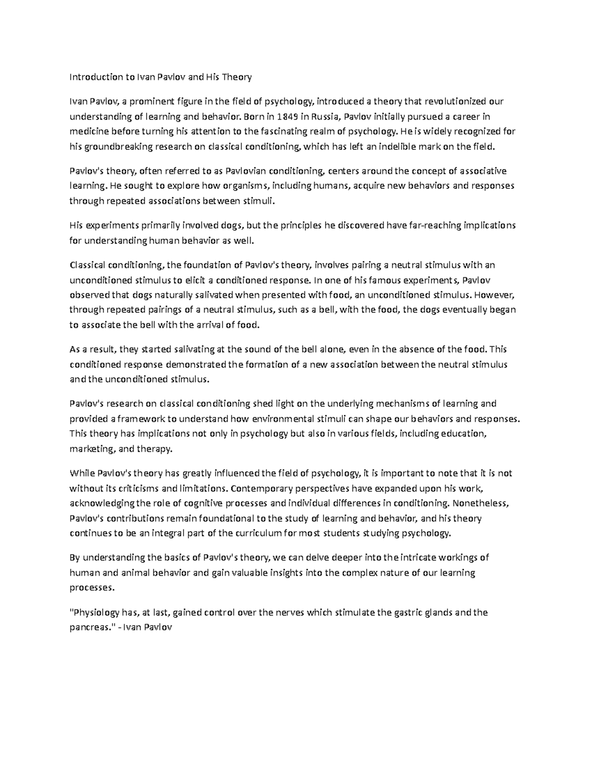 Introduction to Ivan Pavlov and His Theory - Born in 1849 in Russia ...