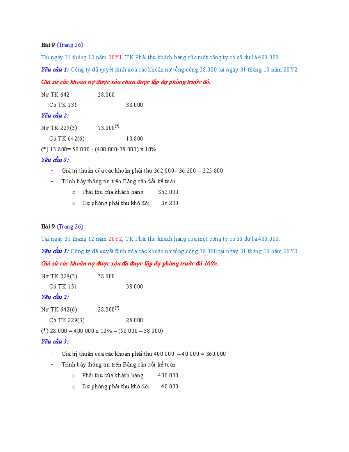 Ch2-Ex09 (Page 26) - Bài 9 (Trang 26) Tại ngày 31 tháng 12 năm 20Y1, TK Phải thu khách hàng của ...