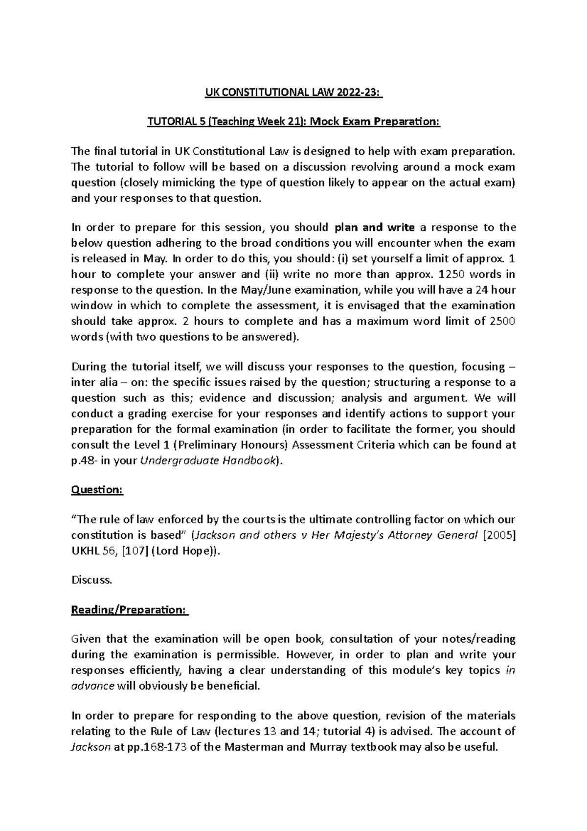 Tutorial 5 - UK CONSTITUTIONAL LAW 2022-23: TUTORIAL 5 (Teaching Week 21): Mock Exam Preparation ...