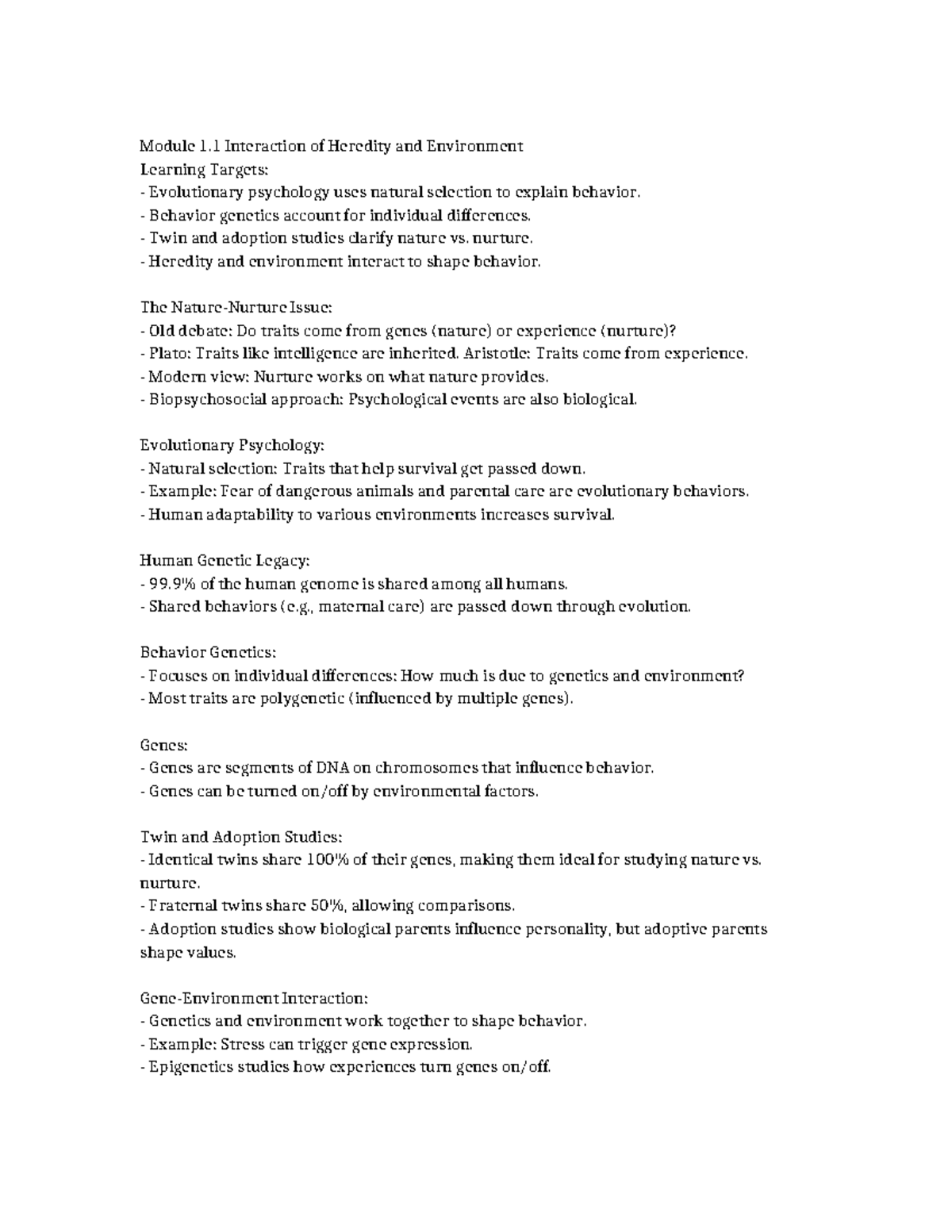 Psychology Module Notes - Module 1 Interaction of Heredity and ...