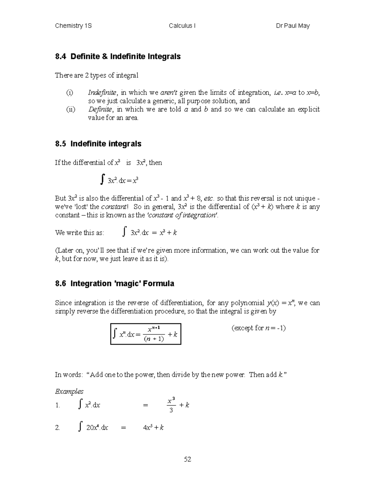 Calcs 9 - Chemistry 1S Calculus I Dr Paul May 8 Definite & Indefinite ...