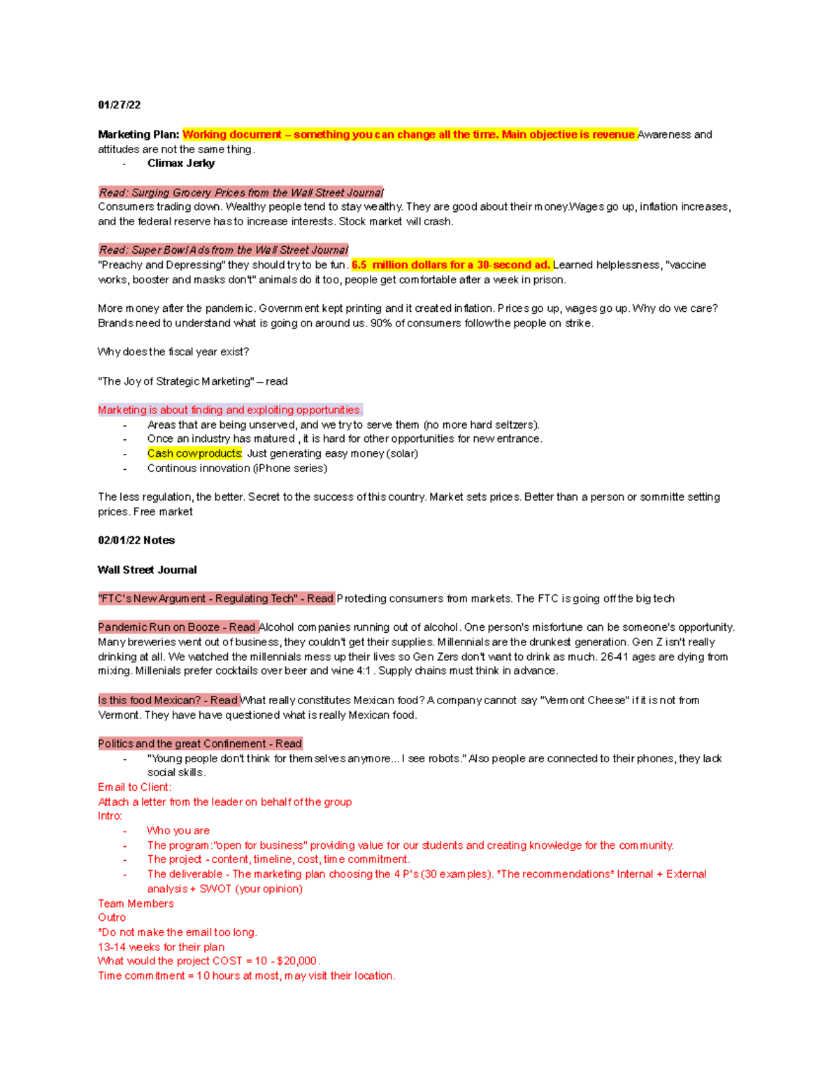Marketing Seminar Notes - 01/27/ Marketing Plan: Working document ...
