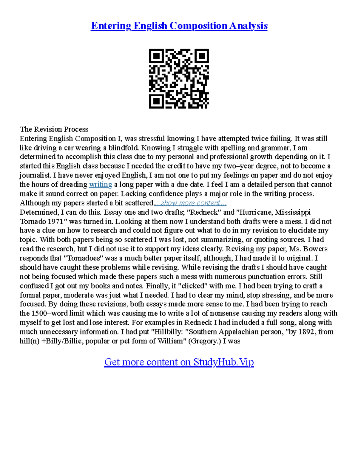 English Composition Essay Examples - Entering English Composition ...