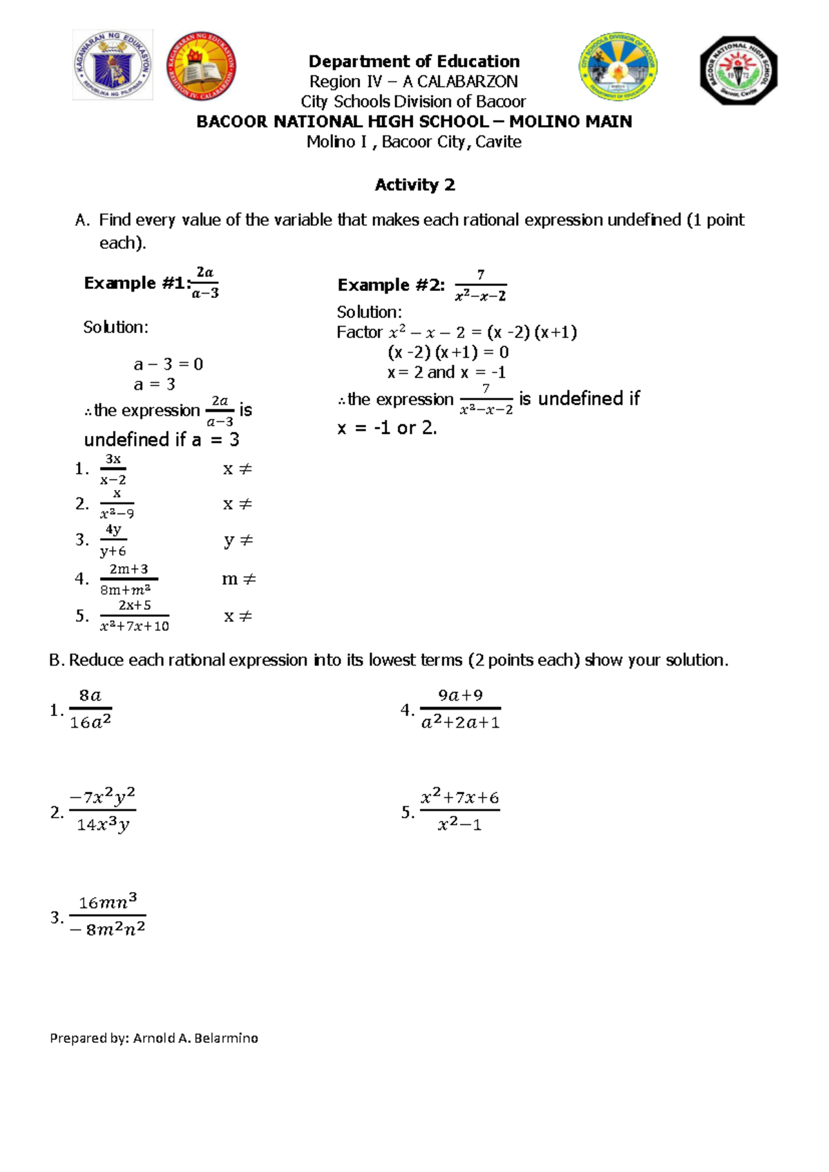Q1-Activity-2- Question-10-OVER-10 - Example #1: 𝟐𝒂 𝒂−𝟑 Solution: a – 3 ...