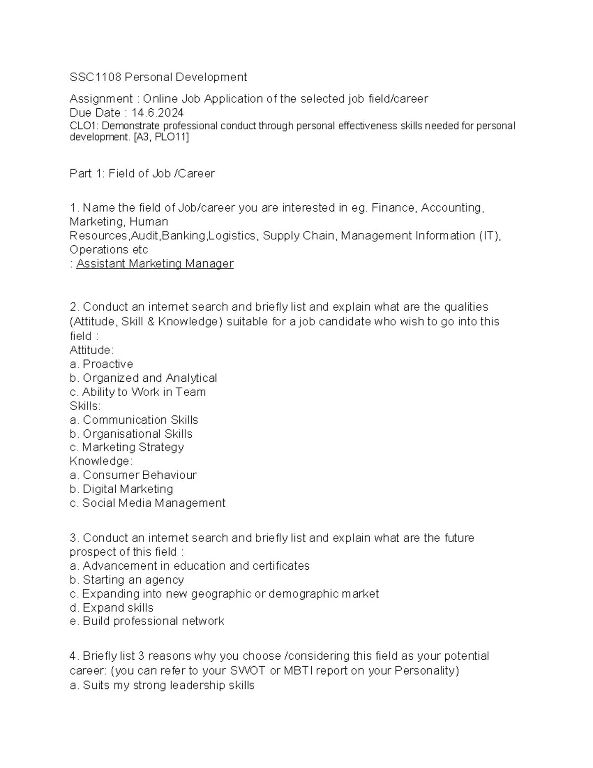 Job application - assignment - SSC1108 Personal Development Assignment ...