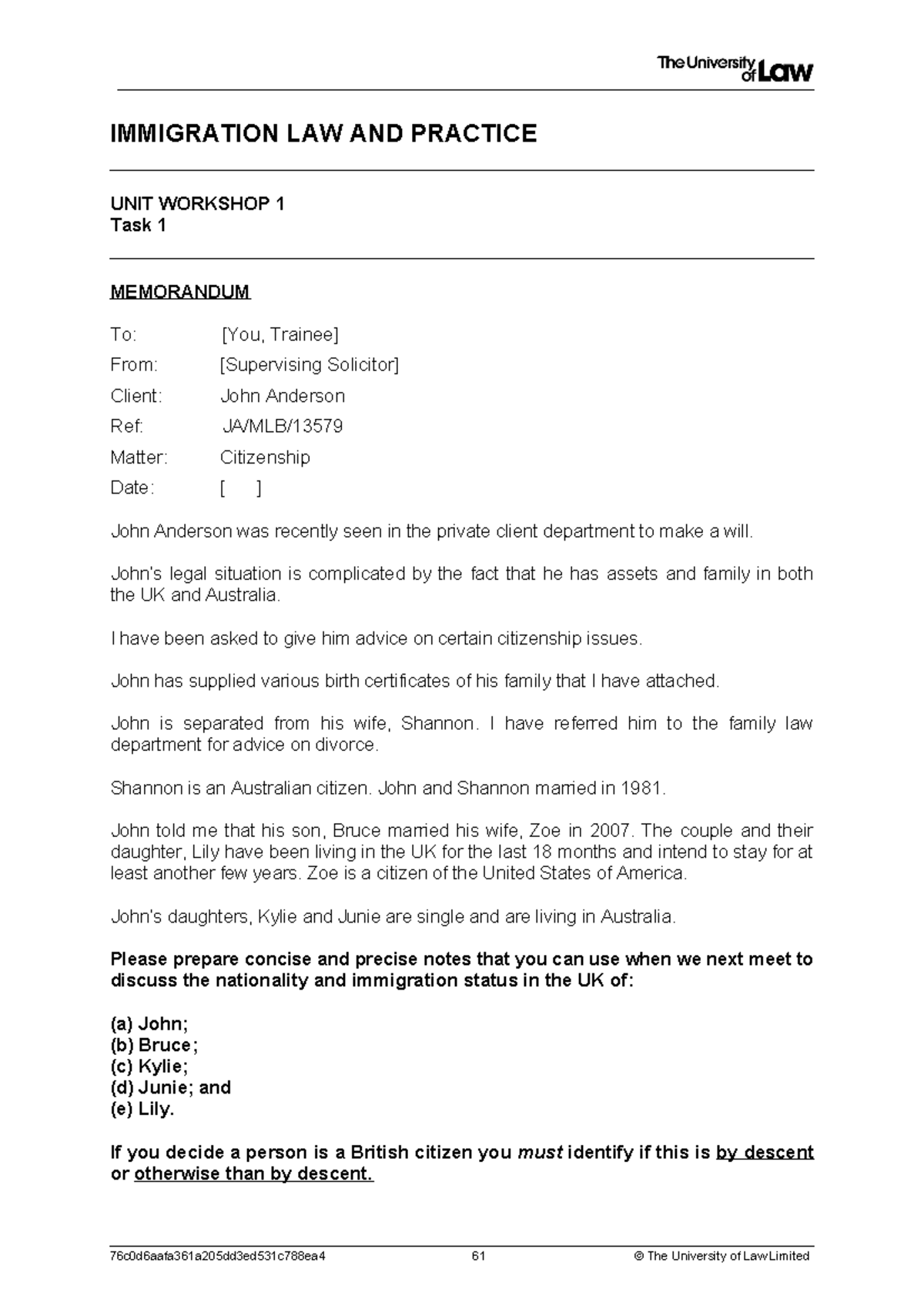 1 - British Citizenship and the Right of Abode Task 1 - IMMIGRATION LAW ...