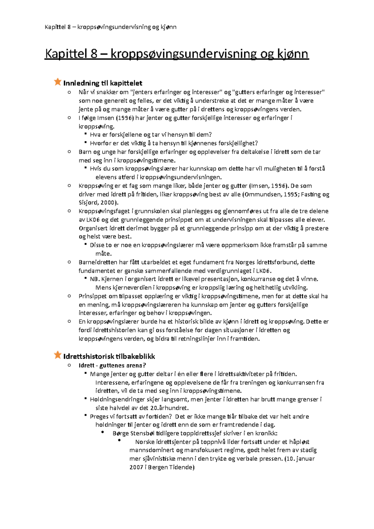 Kapittel 8, kroppsøvingsundervisning og kjønn - SAMMENDRAG - Kapittel 8 ...