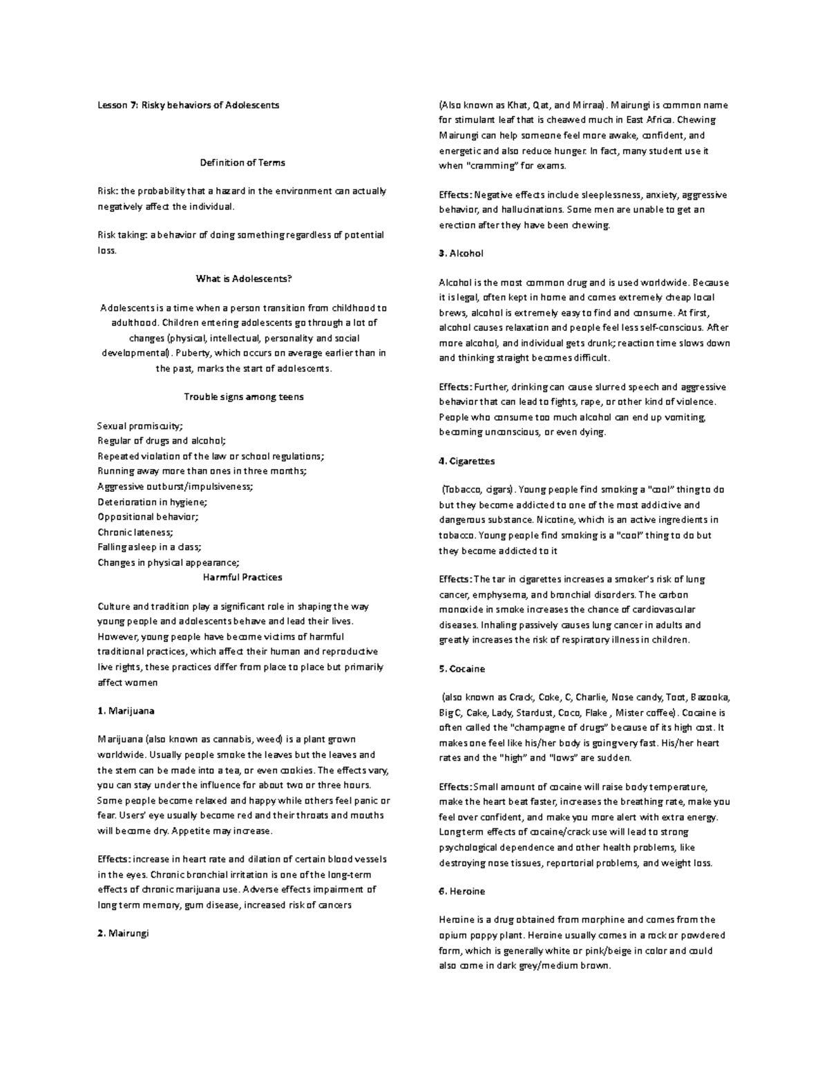 Lesson 7 Risky-WPS Office - Lesson 7: Risky behaviors of Adolescents ...