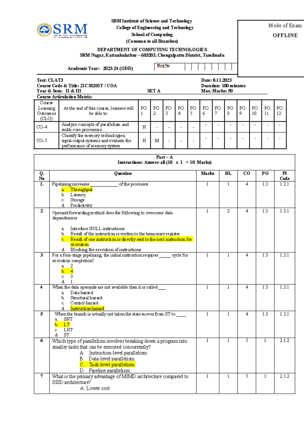 Coa ct3 set a answer key - SRM Institute of Science and Technology College of Engineering and ...