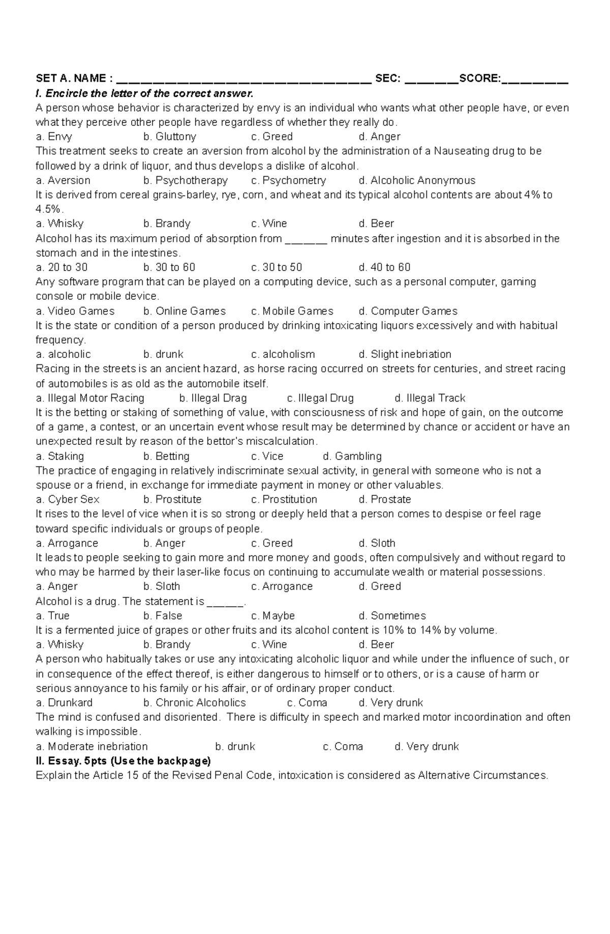 SET A - exam - SET A. NAME ...