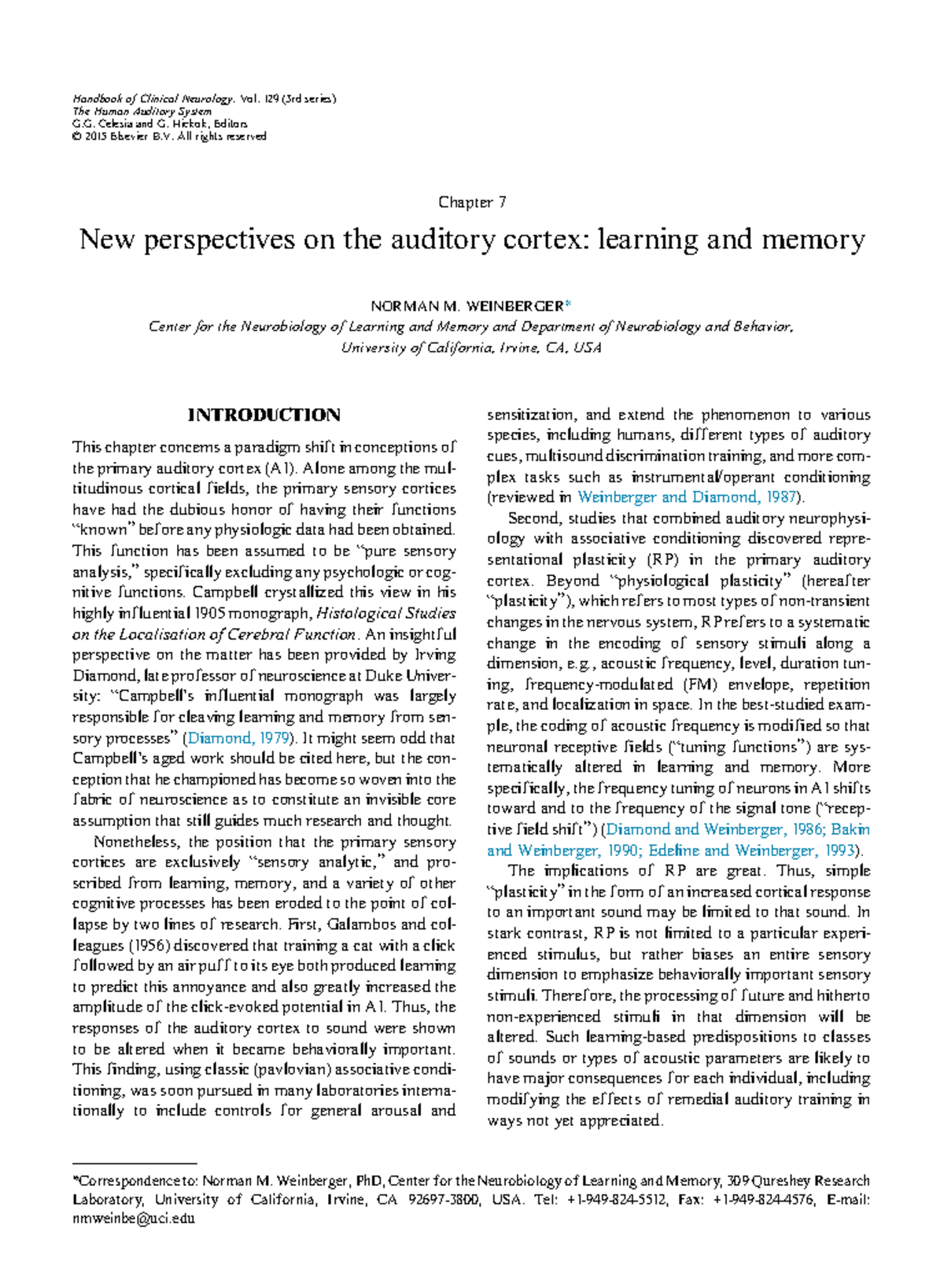 Weinberger 2015 - Chapter 7 New perspectives on the auditory cortex: learning and memory NORMAN ...