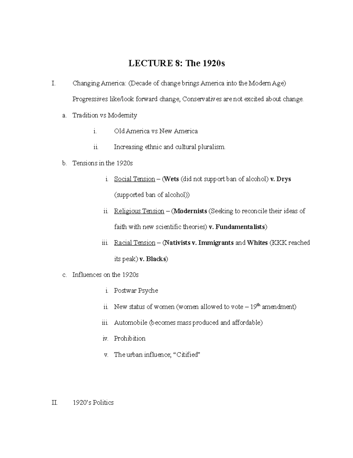 History 1302 Notes (8-11) - LECTURE 8: The 1920s I. Changing America ...