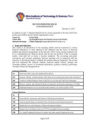 Econ F 212 FOFA Course Handout - SECOND SEMESTER 2022- Course Handout Part II January 10th, 2023 ...