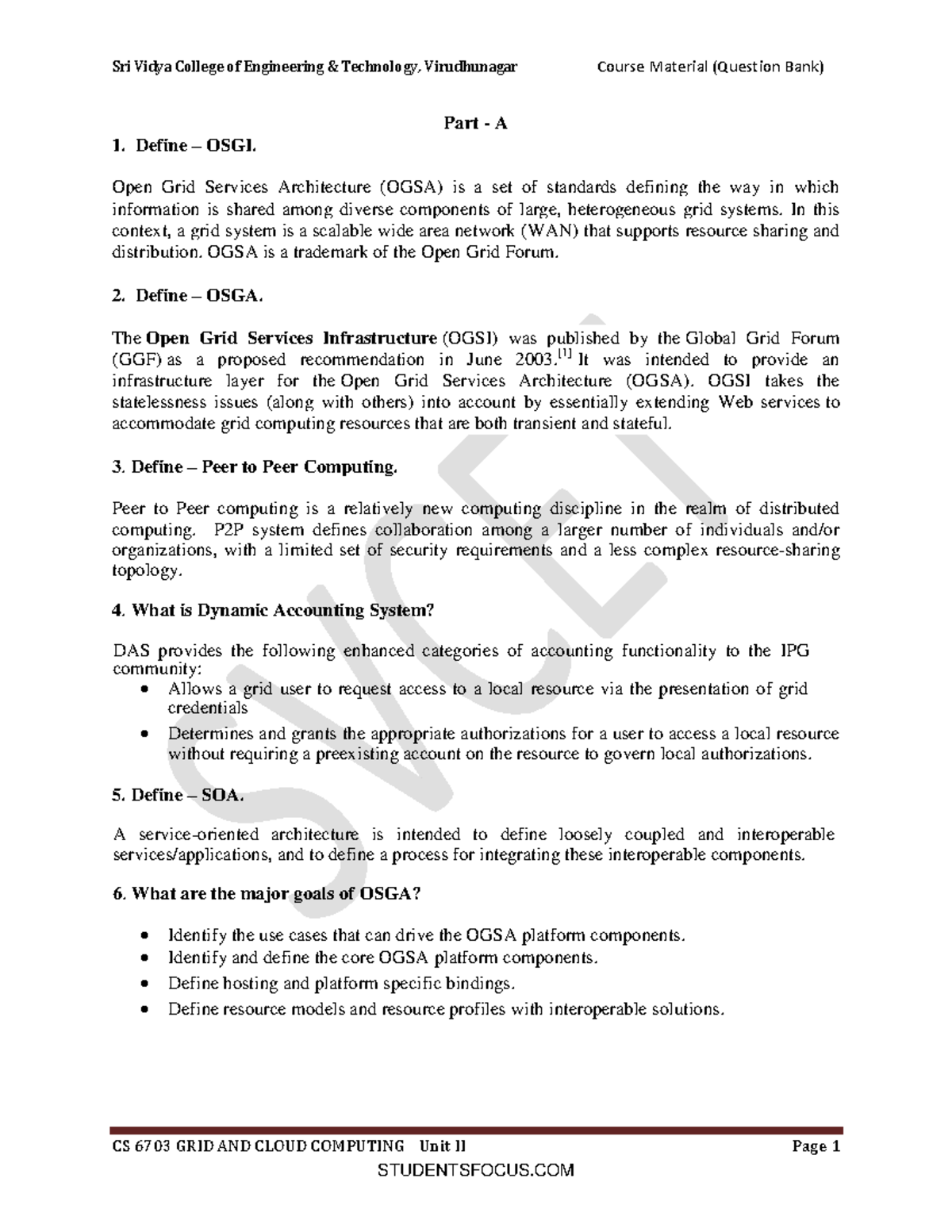 Cloud 2 - gnngnrdg - CS 6703 GRID AND CLOUD COMPUTING Unit II Page 1 Part - A Define – OSGI ...