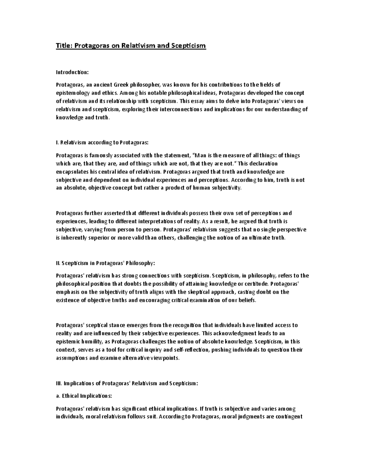 Protagorus relativism and scepticism - Title: Protagoras on RelaƟvism ...