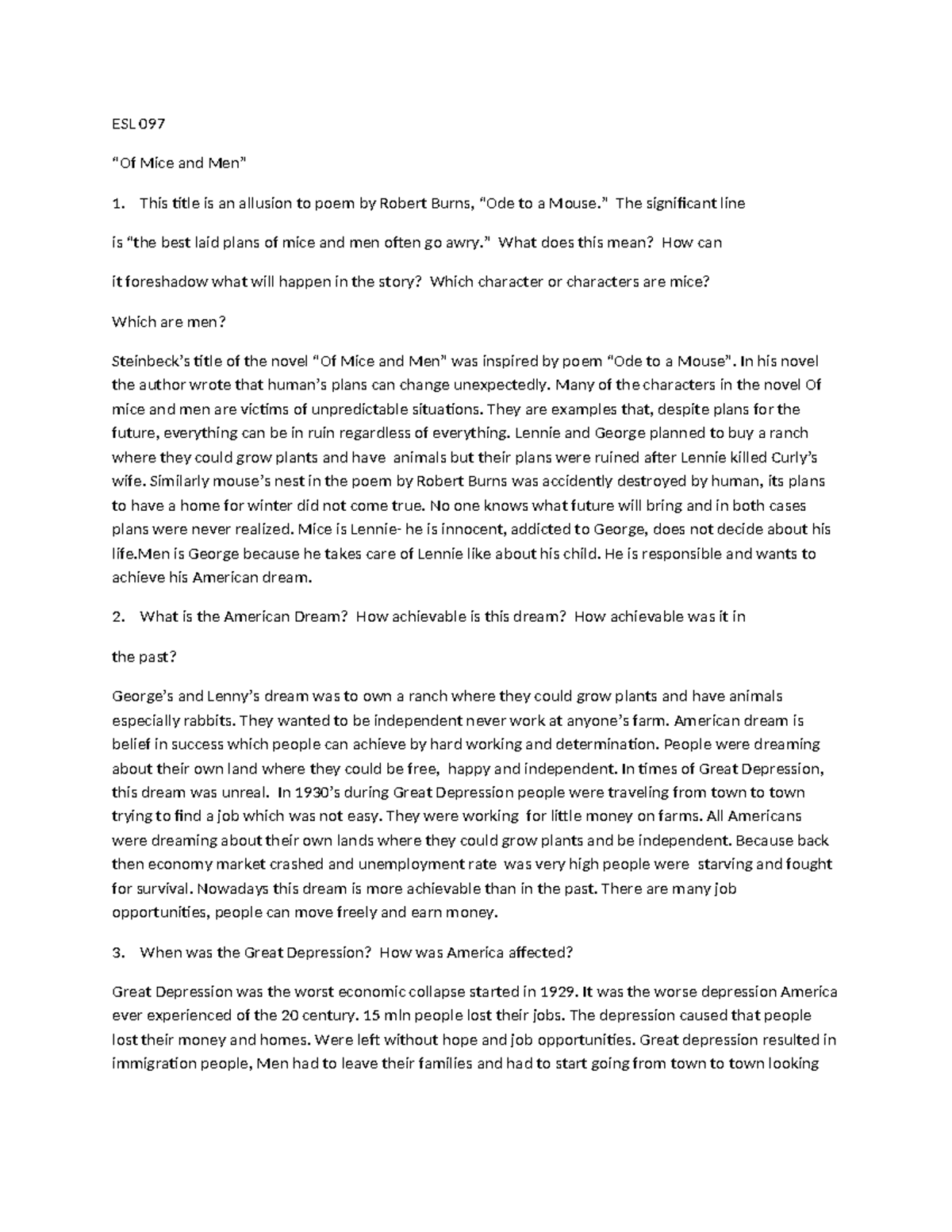 ESL 097.docx Friday - Lecture notes - ESL 097 “Of Mice and Men” This ...