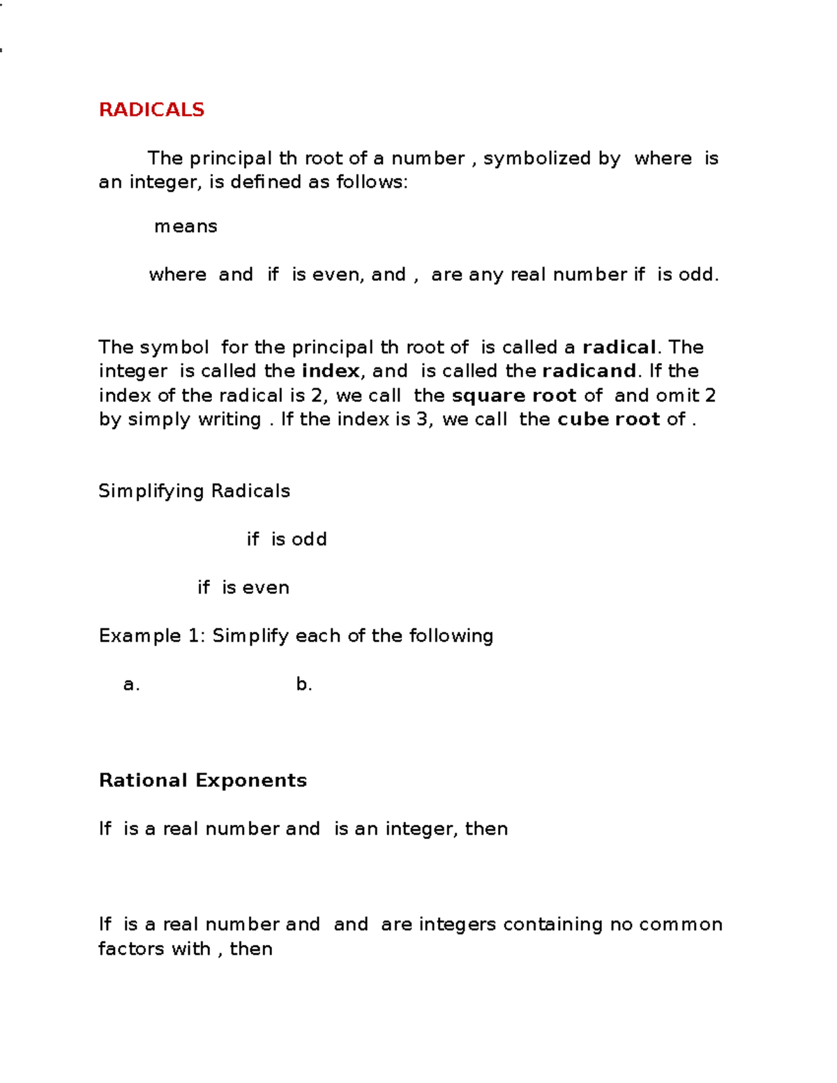 Histiory-OF-MATH Radicals - RADICALS The principal th root of a number ...