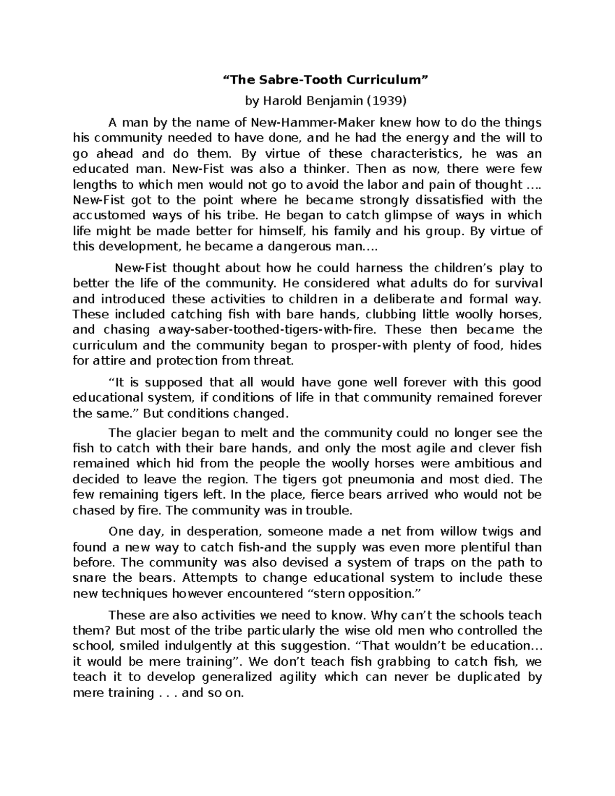 EDUC221A-Tool 1 (The Sabertooth Curriculum) - “The Sabre-Tooth ...