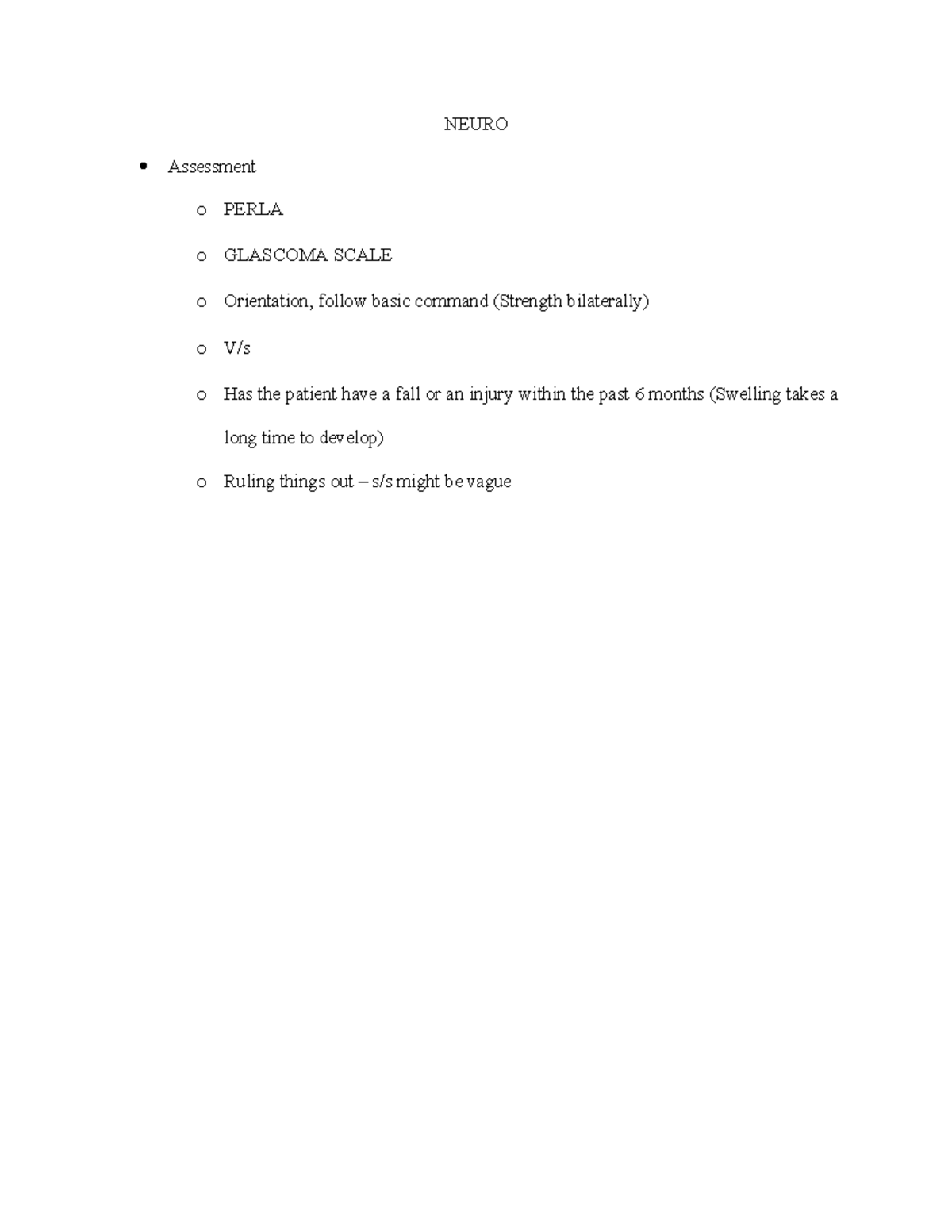 Neuro - Jo Jo's - NEURO Assessment o PERLA o GLASCOMA SCALE o ...