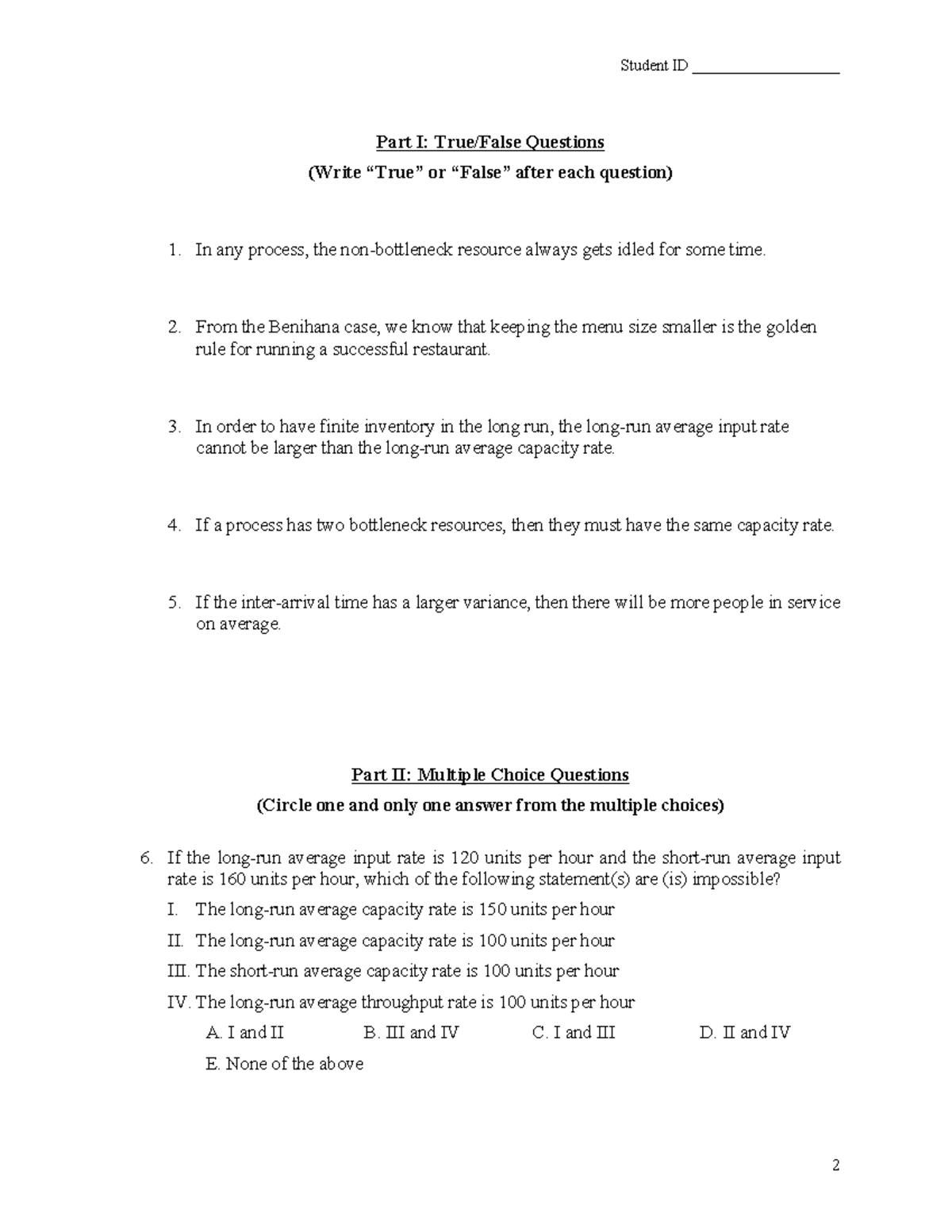 204 midterm sample practice questions - Part I: True/False Questions (Write “True” or “False ...