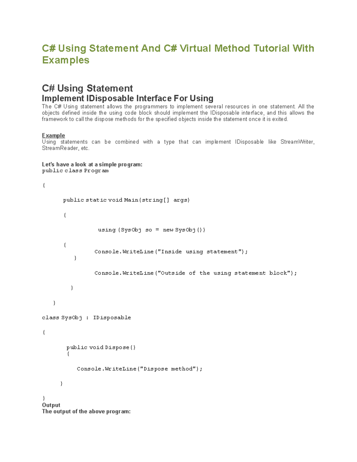 C# Using Statement And C# Virtual Method Tutorial With Examples - All the objects defined inside ...