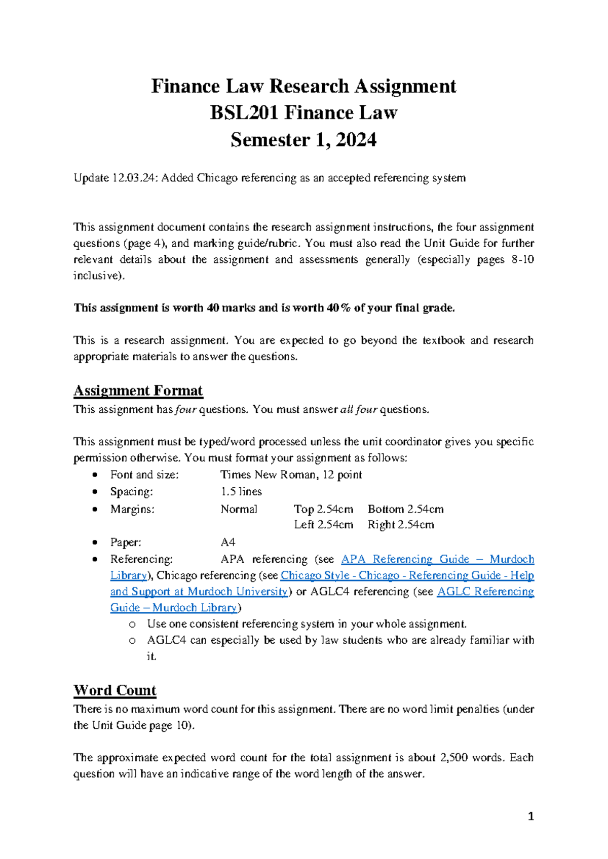 Finance Law BSL201 2024 s1 Research Assignment v2 - Finance Law ...