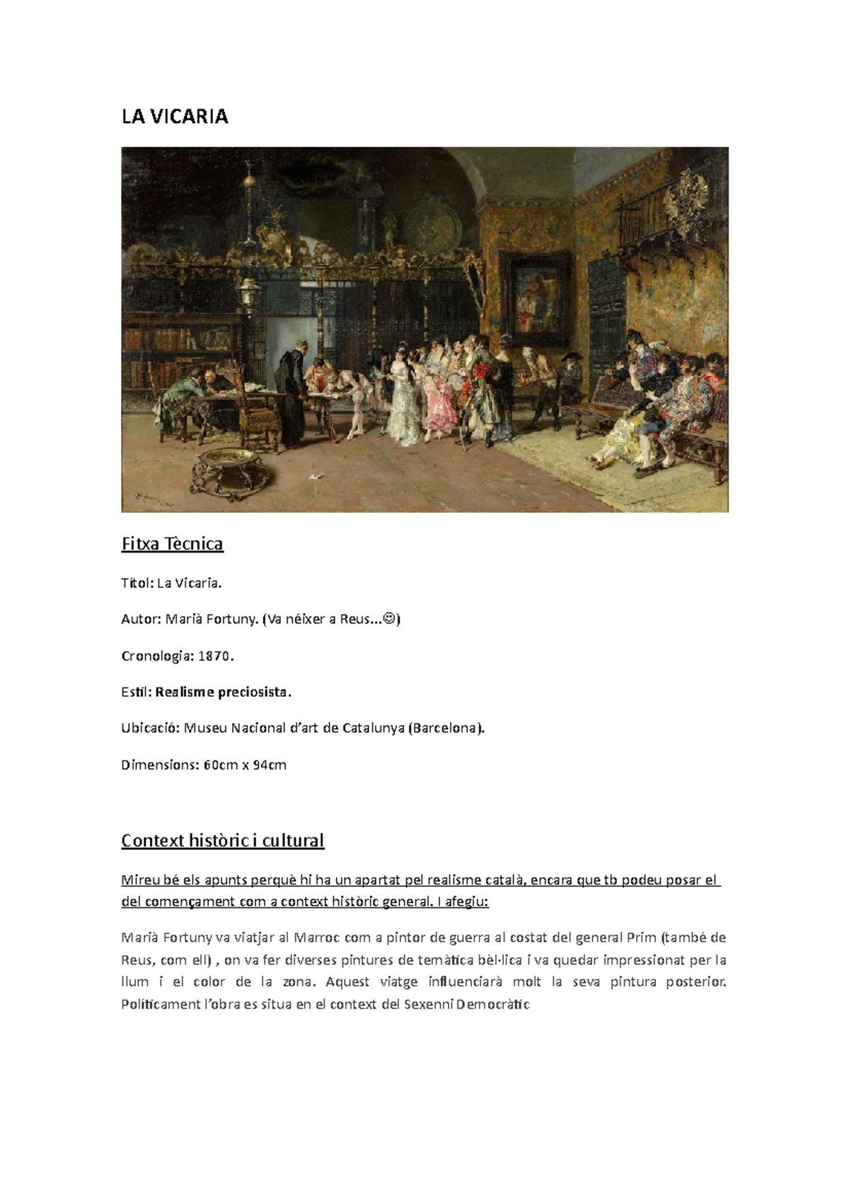 Fitxa tècnica de La Vicaria - Història de l'art. - LA VICARIA Fitxa ...