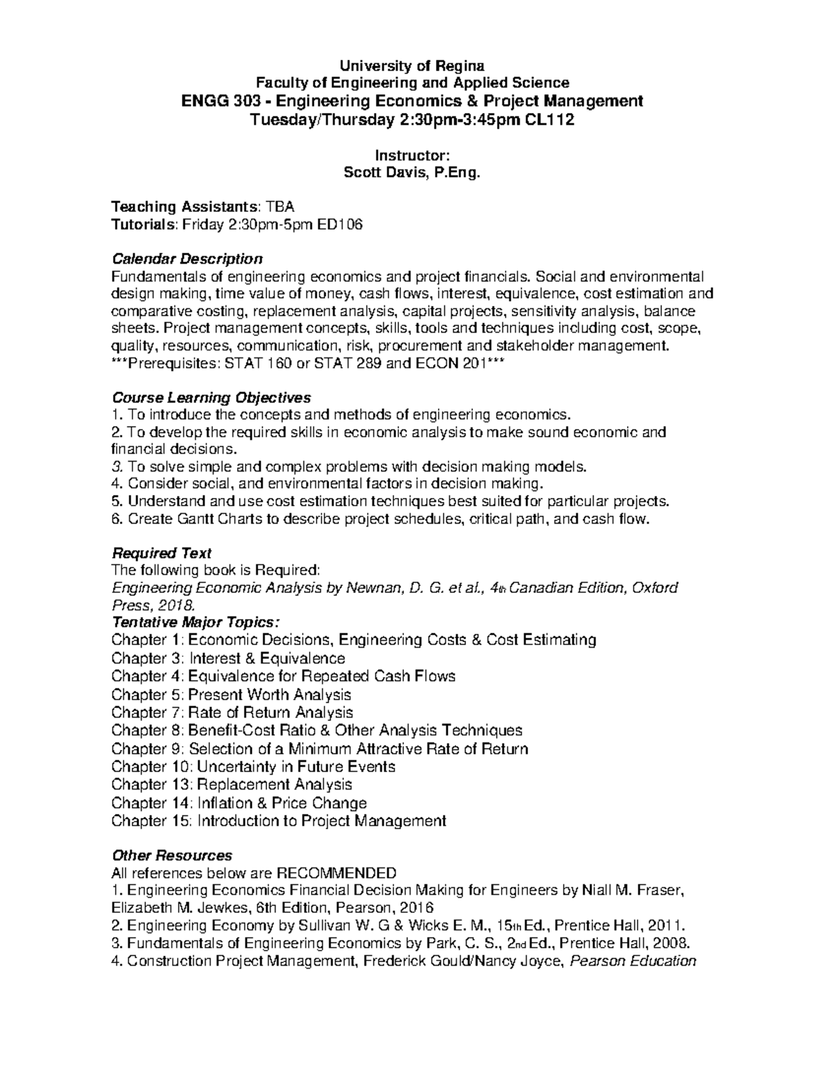 Syllabus ENGG303 - University of Regina Faculty of Engineering and ...