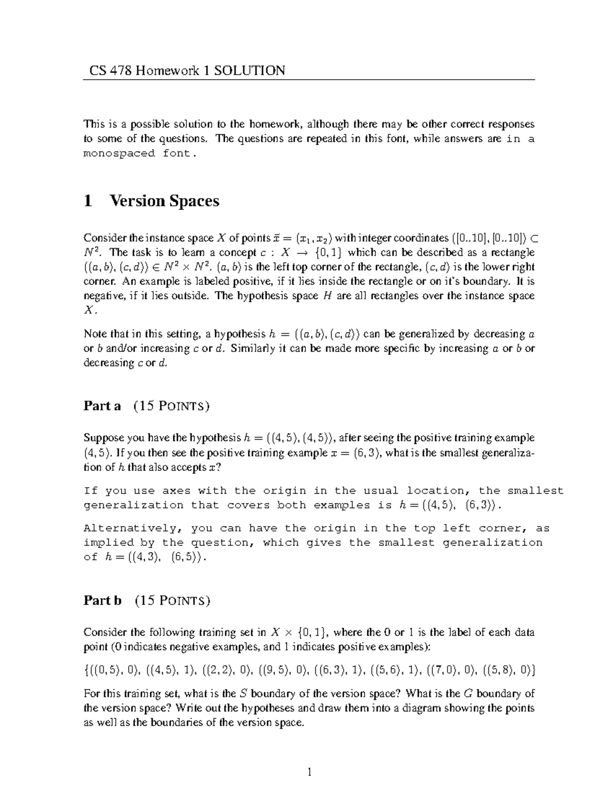 Hw1solution - SOLUTION - CS 478 Homework 1 SOLUTION This is a possible ...
