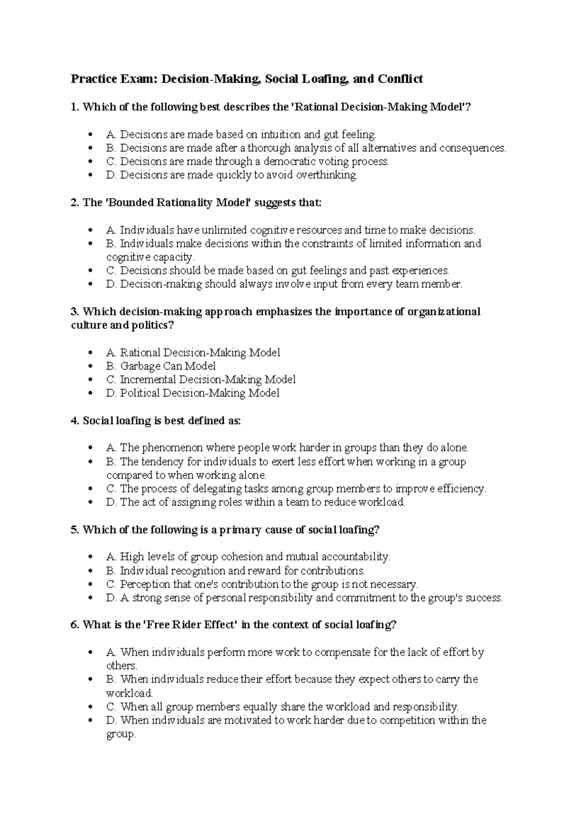 PYB302 practice exam (2) conflict - Practice Exam: Decision-Making ...