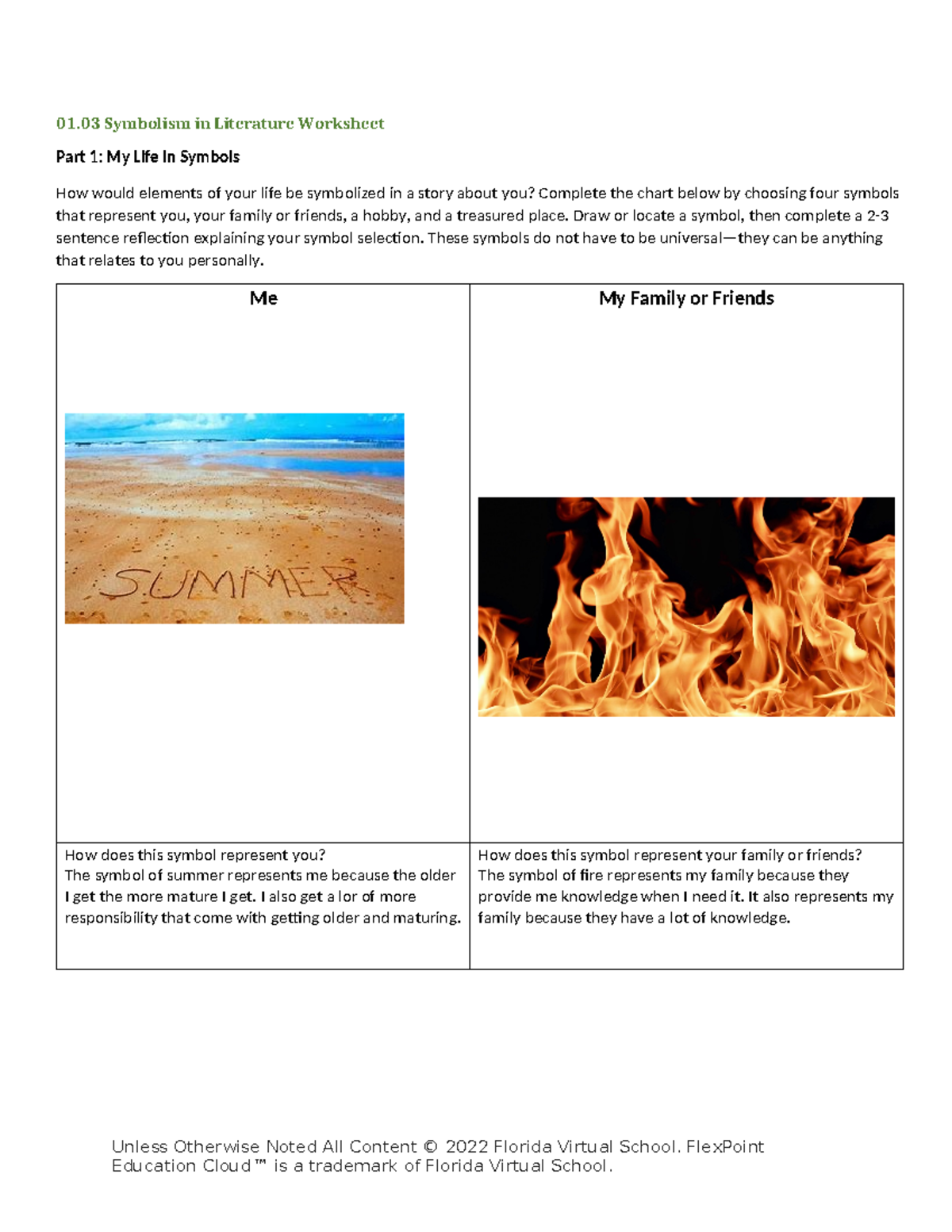 01 03 worksheet - 01 Symbolism in Literature Worksheet Part 1: My Life ...