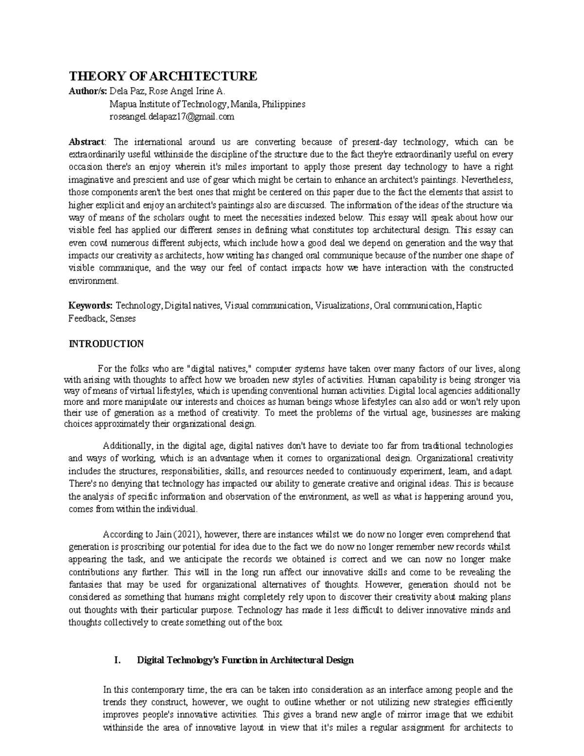TOA Final- Paper-1 - THEORY OF ARCHITECTURE Author/s: Dela Paz, Rose Angel Irine A. Mapua ...