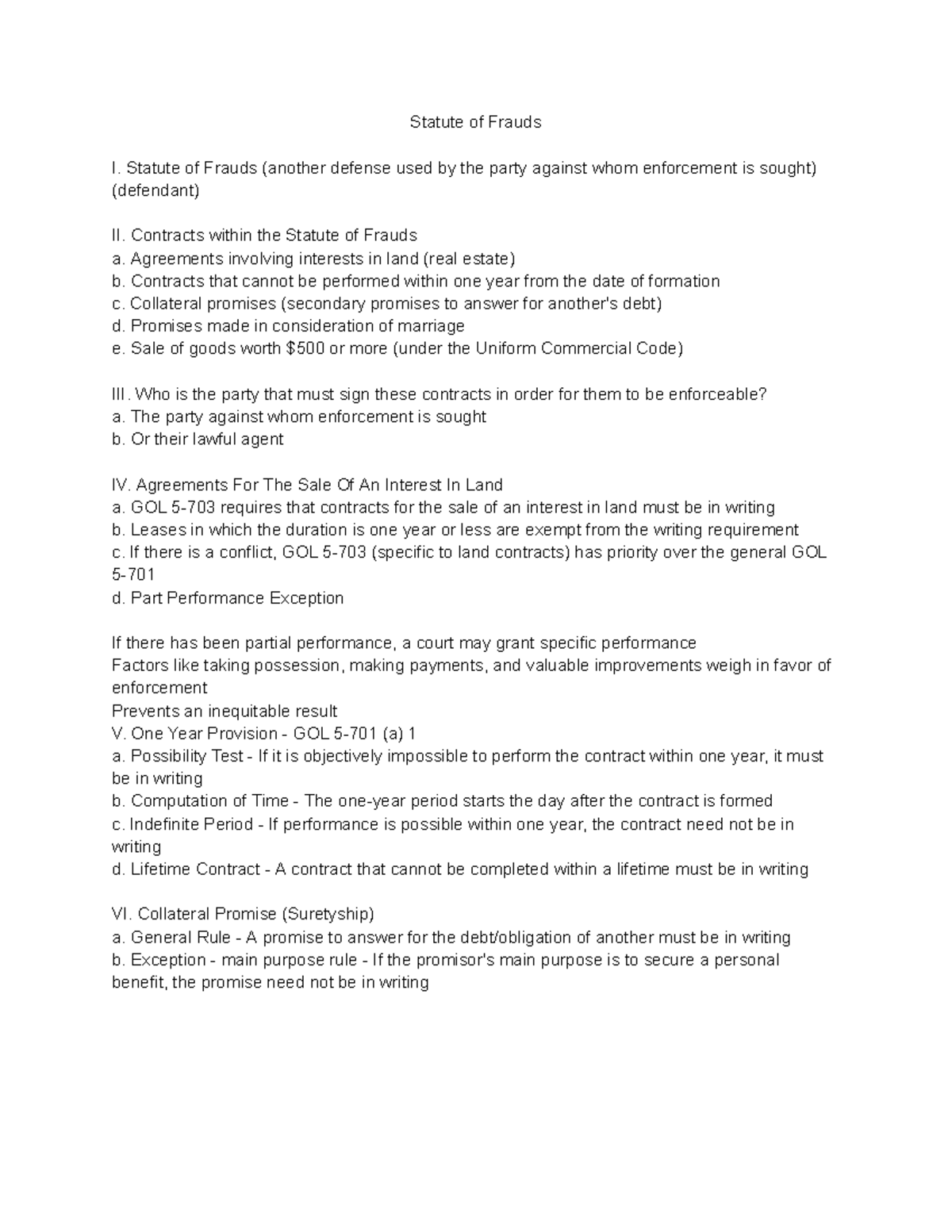 Statute Of Frauds Notes 1 - Statute of Frauds I. Statute of Frauds ...