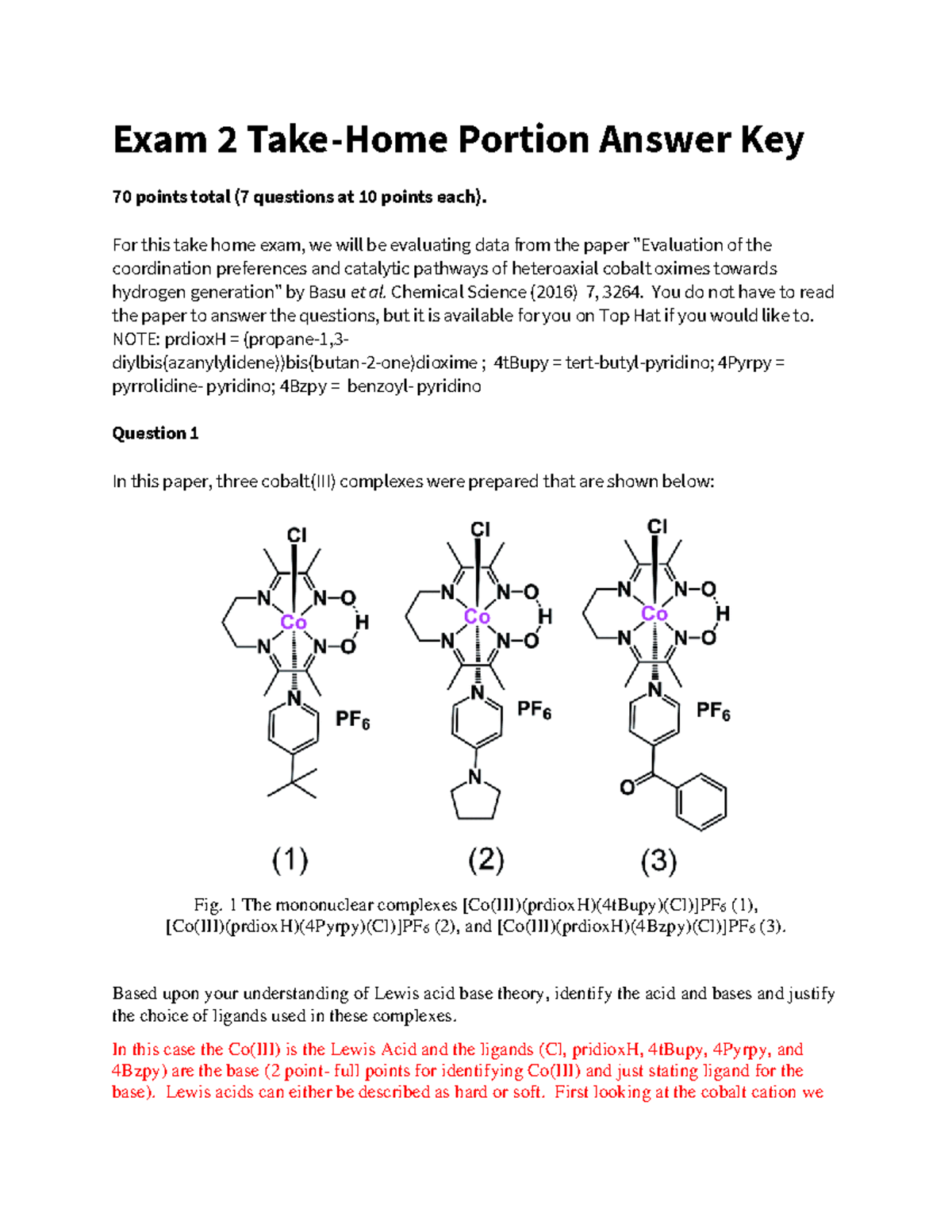 Exam 2 take home answer key - Inorganic Chemistry - Exam 2 Take-Home ...