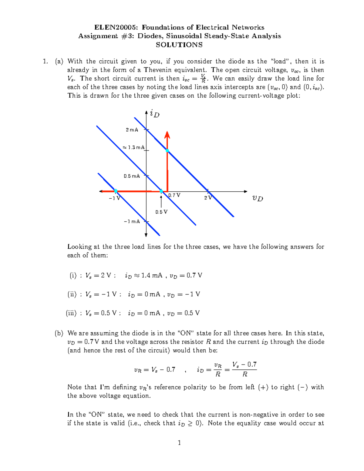 Assignment 3 Solutions - ELEN20005: Foundations of Electrical Networks Assignment #3: Diodes ...
